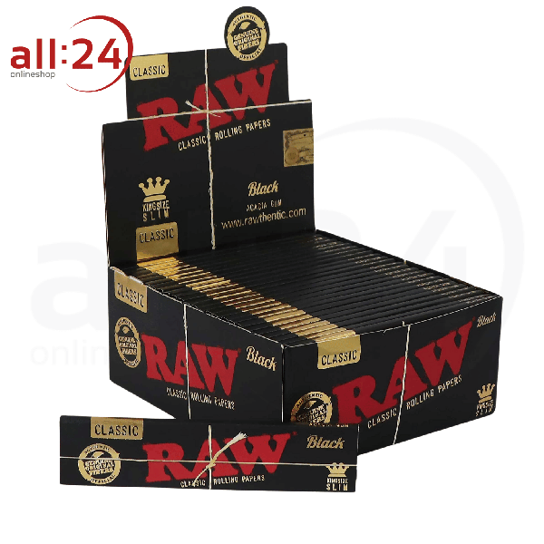 BOX RAW Black Rolling Paper King Size Slim, 50 Stück | All24